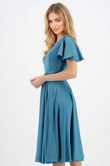 Rochie din satin turcoaz midi in clos cu maneci clopot - StarShinerS ...