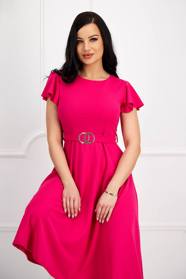 Rochie din crep roz midi in clos cu maneci clopot si cordon detasabil ...