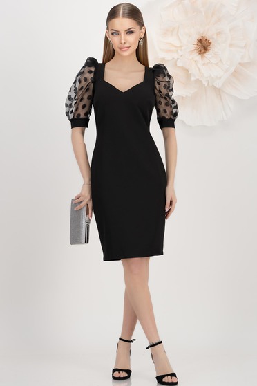 Rochie din stofa elastica neagra pana la genunchi tip creion cu maneci ...