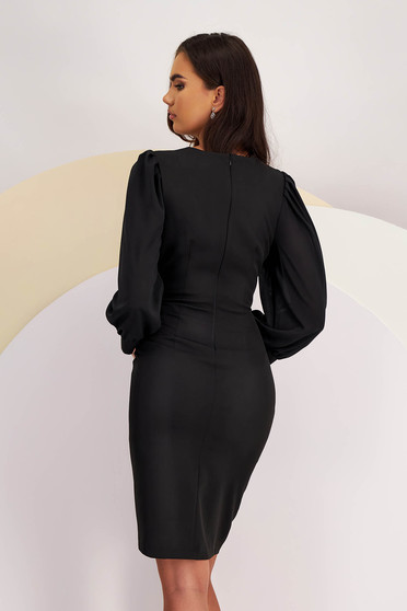 Rochie din stofa elastica neagra tip creion pana la genunchi cu maneci ...