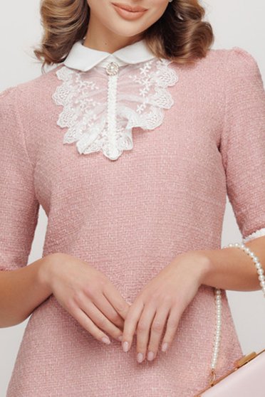 Rochie din stofa chanel premium roz pudra scurta cu croi in A si jabou ...