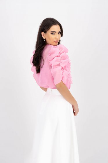Bluza dama din organza roz cu croi larg si maneci bufante