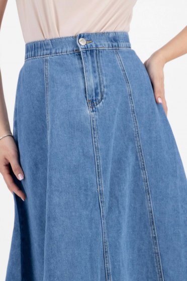 Fusta de blugi albastra midi in clos cu elastic in talie