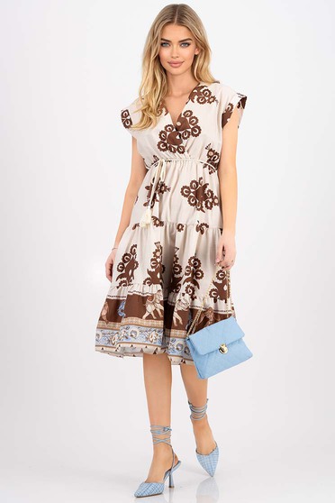 Rochie din poplin midi in clos cu elastic in talie si decolteu petrecut