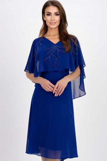 Rochie din voal albastra midi in clos cu maneci tip capa si aplicatii ...