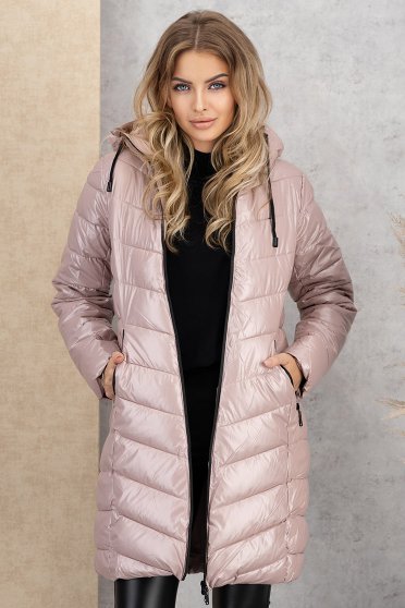 Geaca din fas roz prafuit cambrata cu gluga detasabila si buzunare cu ...