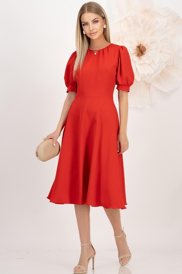 Rochie din stofa elastica rosie midi in clos cu maneci bufante ...