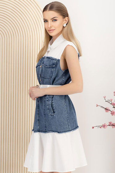 Rochie de blugi tip camasa albastra scurta cu buzunare laterale | S ...