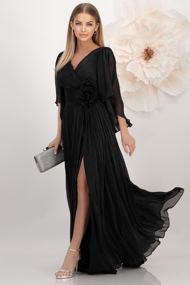 Rochie lunga din voal satinat neagra in clos cu maneci tip fluture si ...