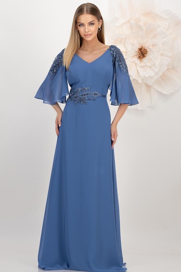 Rochie lunga din voal albastra in clos cu maneci tip fluture si ...