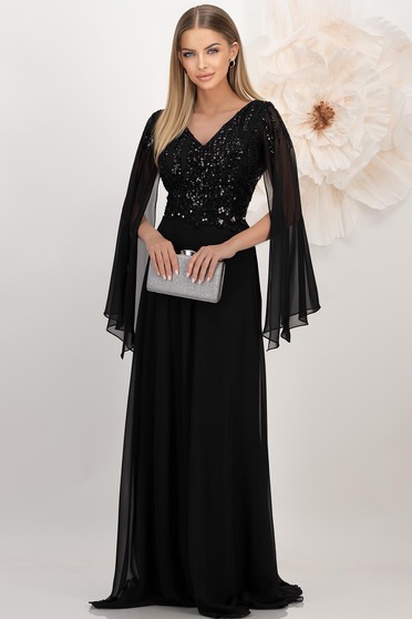 Rochie lunga din voal si dantela cu paiete neagra in clos cu maneci tip ...