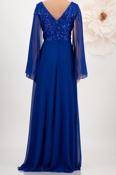 Rochie lunga din voal si dantela cu paiete albastra in clos cu maneci ...