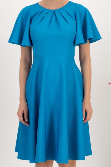 Rochie din stofa elastica albastra pana la genunchi in clos cu maneci ...
