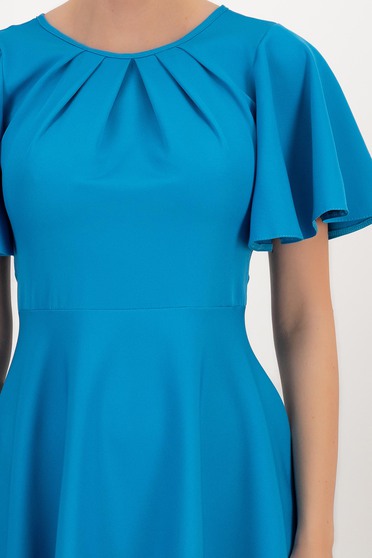 Rochie din stofa elastica albastra pana la genunchi in clos cu maneci ...