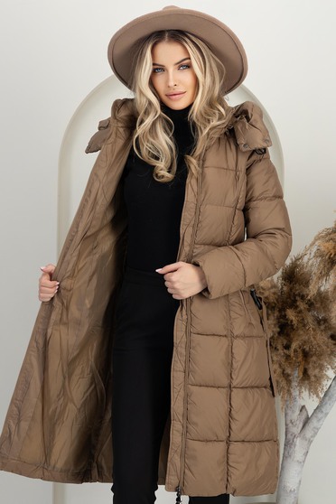Geaca groasa maro din fas cambrata lunga cu gluga si cordon detasabile ...