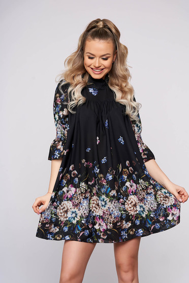 Black casual short cut dress from veil fabric with turtle neck short ...